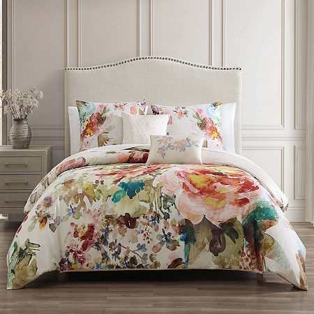 Bebejan Antique Flowers Ivory Bedding 200 Thread Count 100 Cotton Sateen 5 Piece Reversible Queen Comforter Set - Ivory