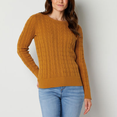 St. John's Bay Womens Crew Neck Long Sleeve Cable Knit Pullover Sweater ...