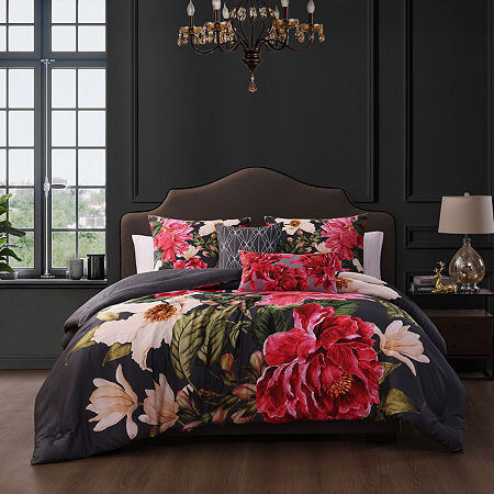 Bebejan Flower Garland Bedding 100 Cotton 5 Piece King Size Reversible Comforter Set - Gray