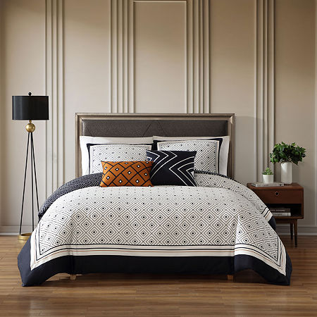 Bebejan Geometric Black & White Bedding 200 Thread Count 100 Cotton Sateen 5 Piece Reversible Queen Comforter Set - White