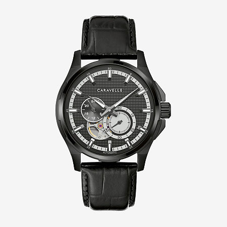 Caravelle Mens Automatic Black Leather Strap Watch 42mm