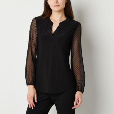 Black Label by Evan-Picone Womens Split Crew Neck Long Sleeve Blouse ...