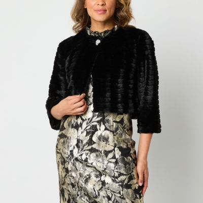 Studio 1 Faux Fur Womens Split Crew Neck 3/4 Sleeve Shrug, Color: Black ...