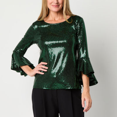 Studio 1 Metallic Womens Scoop Neck 3/4 Sleeve Blouse, Color: Hunter ...
