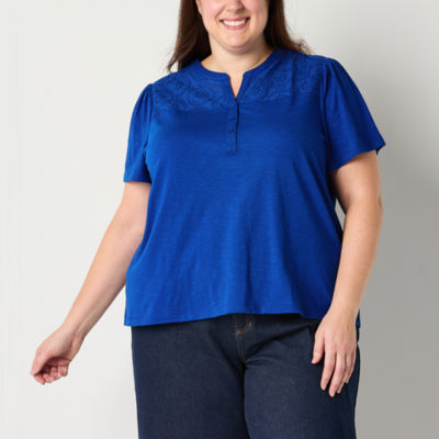 Liz Claiborne Plus Womens Split Crew Neck Short Sleeve Blouse - JCPenney