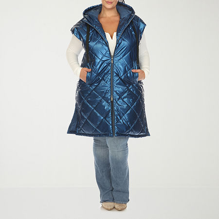 White Mark Plus Size Metallic Puffer Vest Jacket - Metallic Blue