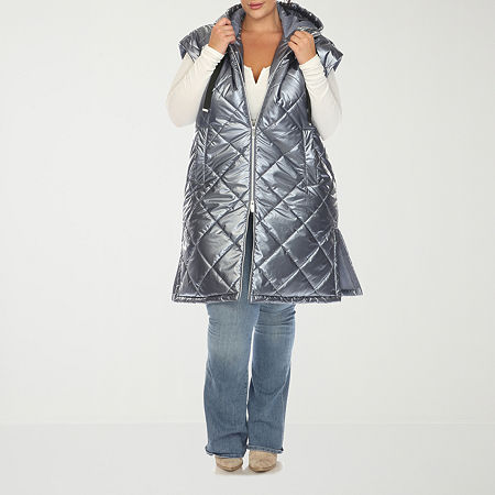 White Mark Plus Size Metallic Puffer Vest Jacket - Metallic Denim