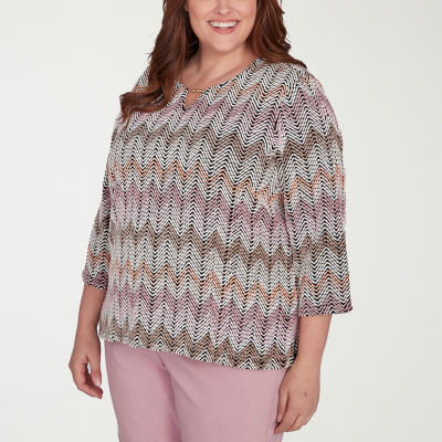 Alfred Dunner Telluride Womens Plus Split Crew Neck 3/4 Sleeve T-Shirt ...