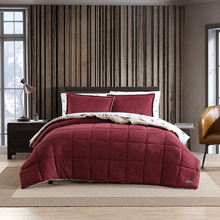 Eddie Bauer Sherwood Reversible Micro-suede Sherpa Comforter Set  Twin - Dusty Red