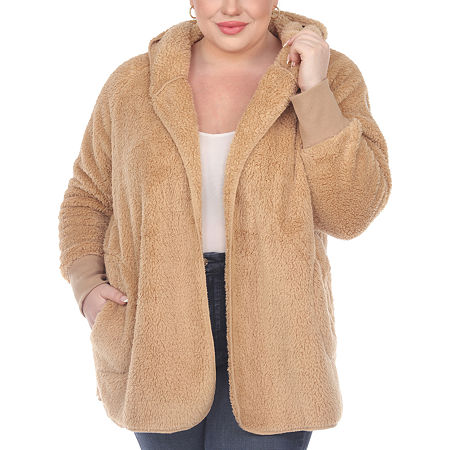 White Mark Plus Size Plush Hooded Cardigan Jacket with Pockets - Camel