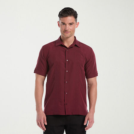 Cubavera Mens Tonal Argyle Embroidery Short Sleeves Shirt - Tawny Port