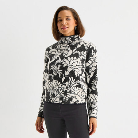 Liz Claiborne Womens Funnel Neck Long Sleeve Floral Pullover Sweater  Petite Small  Black