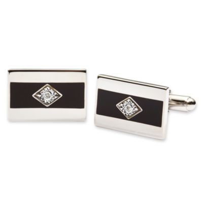 Black Enamel and Diamond Cuff Links, Color: Silver