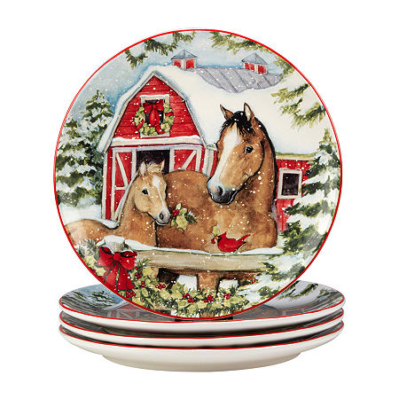 Homestead Christmas 4 Piece Dinner Plate Set - Red  White