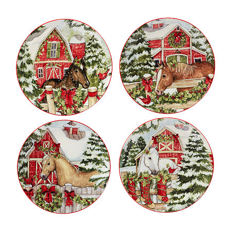 Homestead Christmas 4 Piece Dessert Plate Set - Red  White