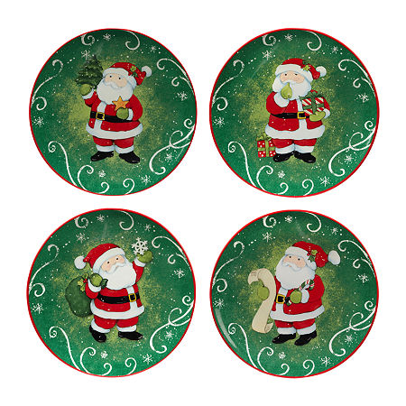 Holiday Magic Santa 4 Piece Dessert Plate Set - Green  Red