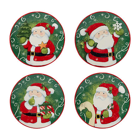 Holiday Magic Santa 4 Piece Canape Plate Set - Green  Red