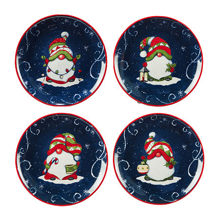 Holiday Magic Gnomes 4 Piece Dessert Plate Set - Blue  Red