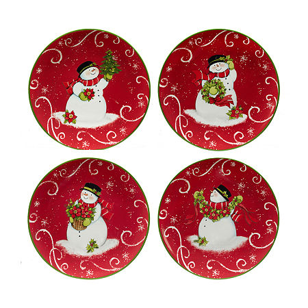 Holiday Magic Snowman 4 Piece Dessert Plate Set - Red  Green  White