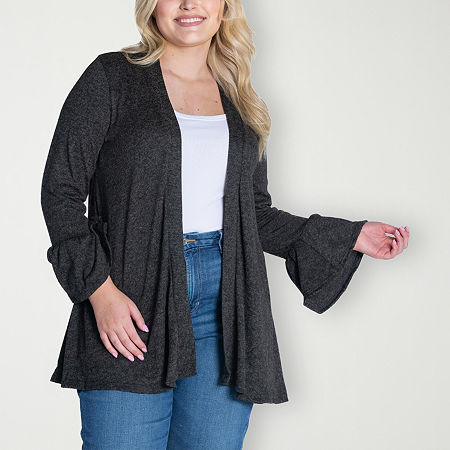 24seven Comfort Apparel Plus Size Bell Sleeve Open Cardigan Sweater - Black