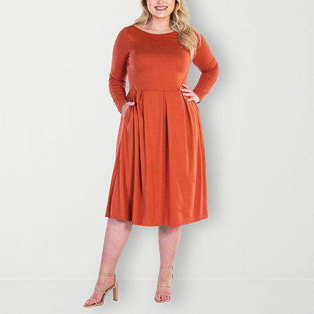 24seven Comfort Apparel Plus Size Long Sleeve Fit and Flare Midi Dress - Rust