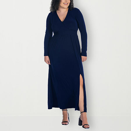 24seven Comfort Apparel Plus Size Long Sleeve V-neck Maxi Dress - Navy