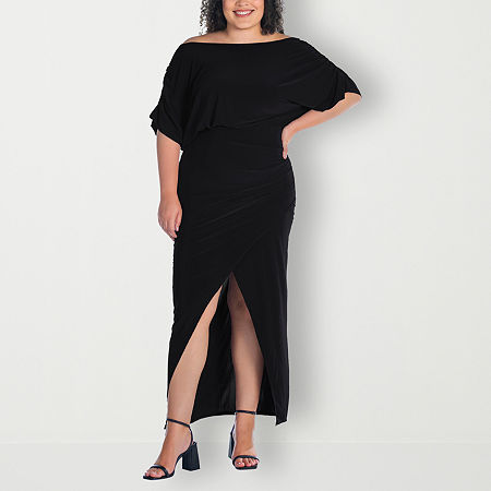 24seven Comfort Apparel Plus Size Boat Neck Batwing Sleeve Slit Maxi Dress - Black