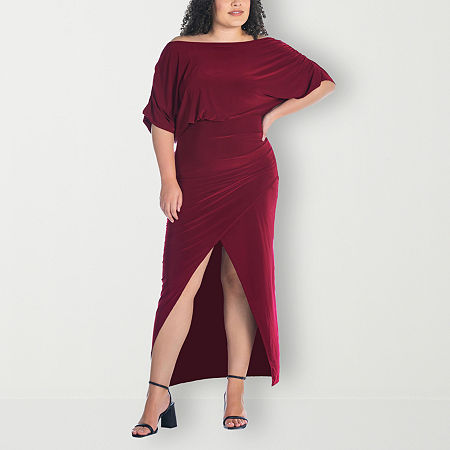 24seven Comfort Apparel Plus Size Boat Neck Batwing Sleeve Slit Maxi Dress - Burgundy