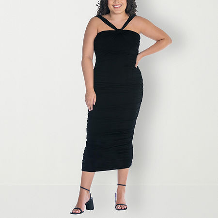 24seven Comfort Apparel Plus Size Halter Cross Neck Ruched Bodycon Mid Dress - Black