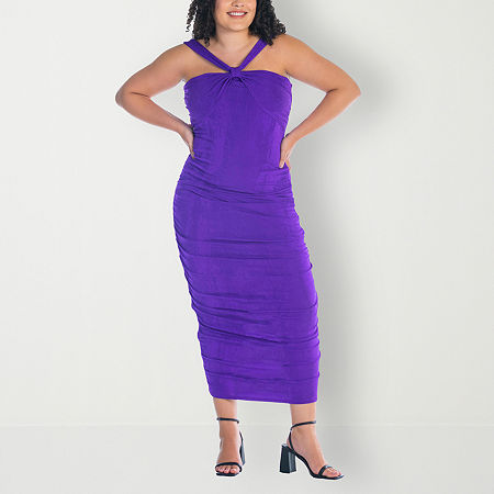 24seven Comfort Apparel Plus Size Halter Cross Neck Ruched Bodycon Mid Dress - Purple