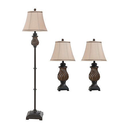 StyleCraft Linen Fabric Shade Floor and Table Lamp Set  Pack of 3 - Brown
