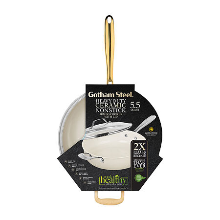 Natural Collection 5.5 Qt. Ceramic Nonstick Deep Saute Pan with Gold Handle - Cream
