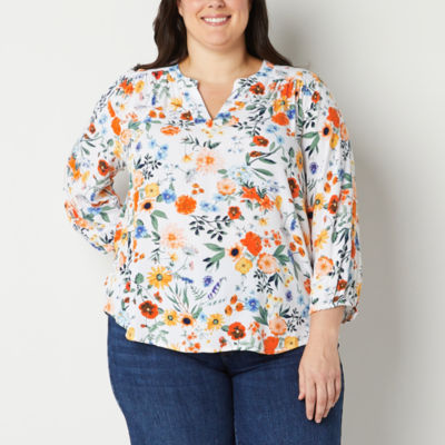 St. John's Bay Plus Womens Split Crew Neck Long Sleeve Blouse