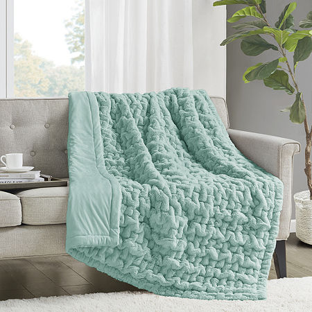 Madison Park Ruched Reversible Faux-Fur Throw  50 x 60 - Aqua