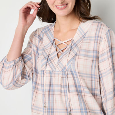 Frye and Co. Plaid Womens Split Tie Neck Long Sleeve Blouse, Color: Sepia Rose Pld Cmb - JCPenney
