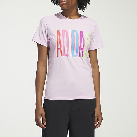 adidas Womens Cotton Multi-Color Logo Crewneck T-Shirt - Clear Pink