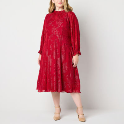 Liz Claiborne Womens Long Sleeve Midi A-Line Dress Plus, Color: Rumba ...