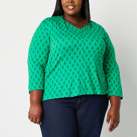 Liz Claiborne Womens V Neck 3/4 Sleeve Plus Blouse  3x  Green