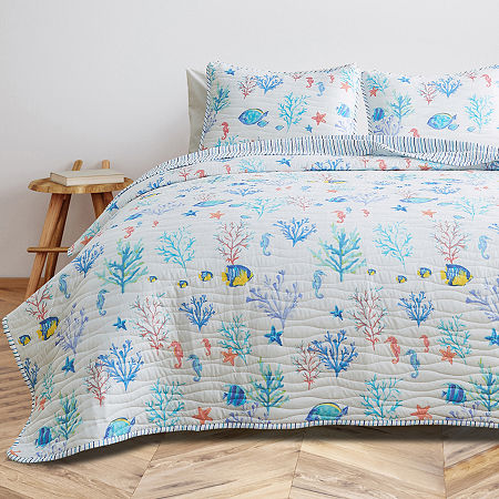 Click here for Reversible Coastal Print Quilt Set  One Size  Blue prices