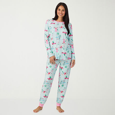 Cuddl Duds Womens 2-Piece Brushed Sweater Knit Long Sleeve Jogger Pajama Set - Aqua/prt