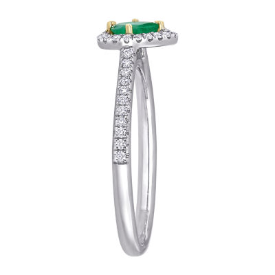 Womens 1/5 CT. Genuine Green Emerald 14K Two Tone Gold Halo Cocktail ...