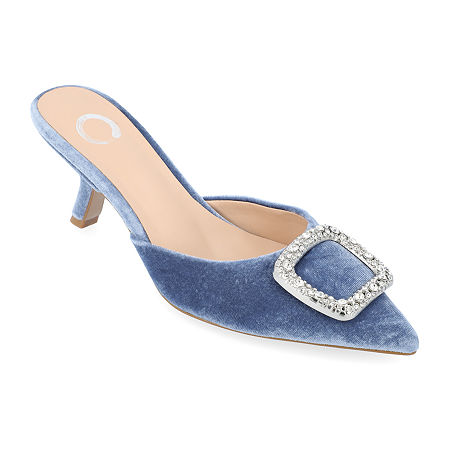 Journee Collection Womens Rishie Ornamented Kitten Heel Velvet Slip On Pumps - Blue