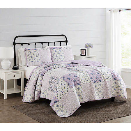 Cannon Elissa Patchwork 3 Piece Quilt Set  King - White  Purple