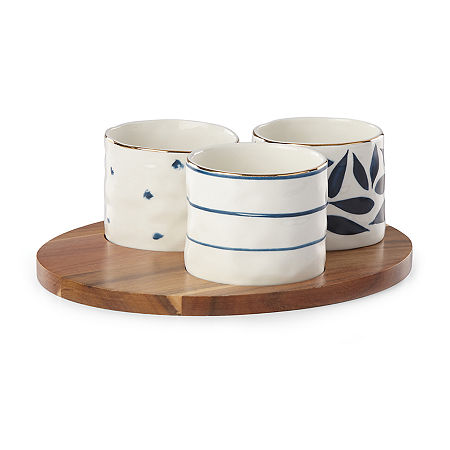 Lenox Blue Bay Round Snack Bowls with Wood Tray - White And Blue