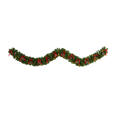 Nearly Natural Bow and Pinecone Artificial Christmas Garland with 35 Clear Led Lights - Green