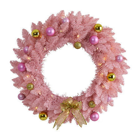 Click here for Nearly Natural Pre-Lit Wreath  One Size  Pink prices