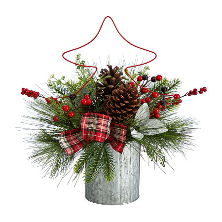 Pinecone and Berries Artificial Christmas Arrangement with Decorative Metal Vase and Wire Christmas Tree  17 - Green