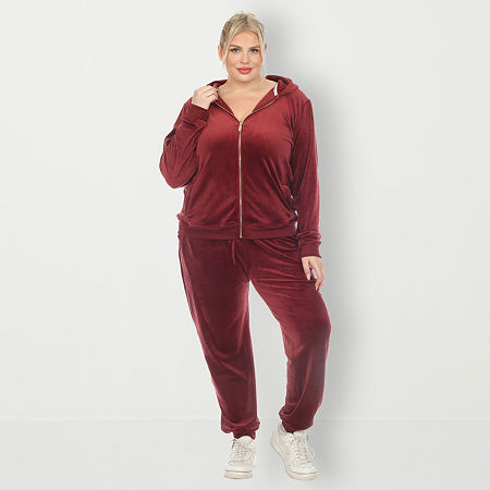 White Mark Plus Size Velour Tracksuit Loungewear 2pc Set - Brick Red