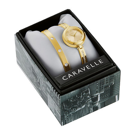 Caravelle Womens Gold-Tone Stainless Steel Bangle Bracelet Watch 26mm Gift Set - Gold