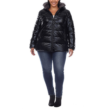 Plus Size Metallic Puffer Coat with Hoodie - Black